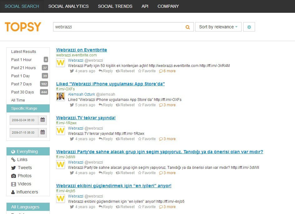 Topsy, Twitter'da 2006'dan itibaren atılan tüm tweetlere ulaştırıyor ...